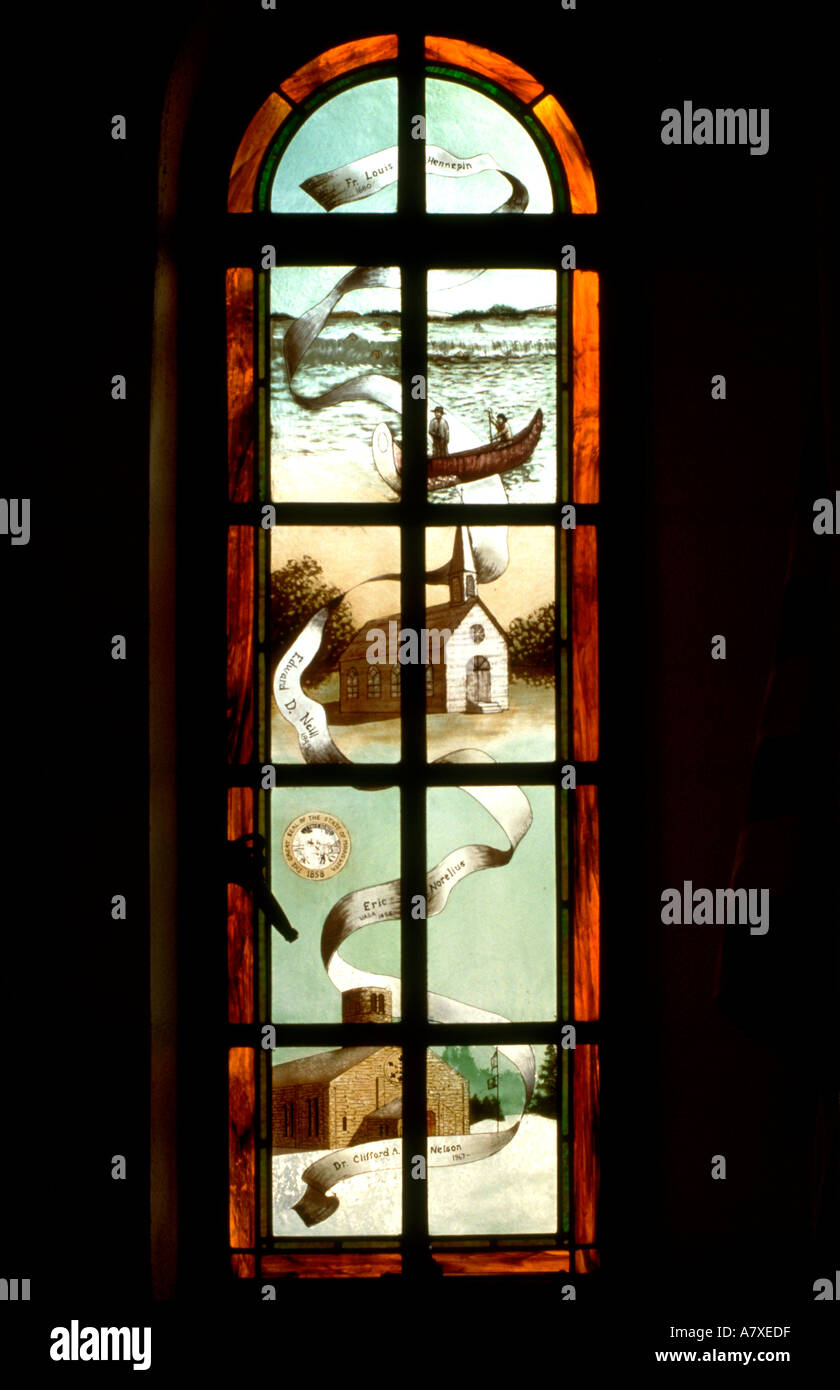 Church fortress boat and white ribbon on historical stained glass ...