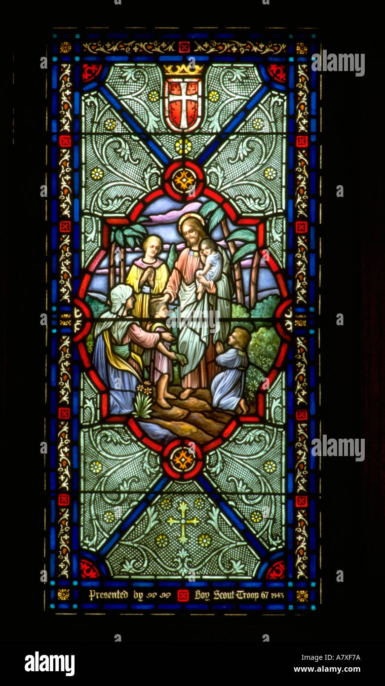 Jesus blessing a family on stained glass window. Minneapolis Minnesota ...
