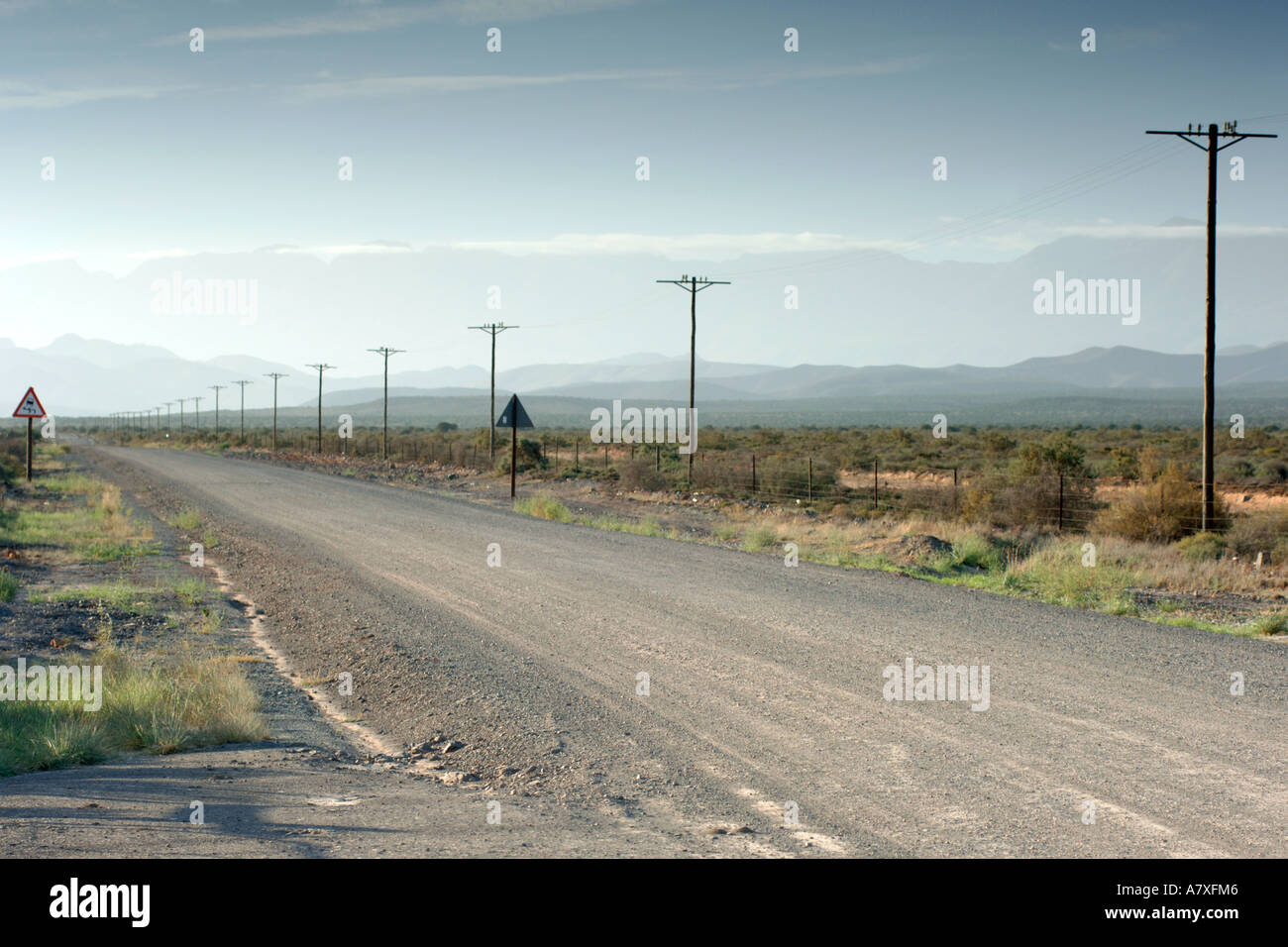 A gravel road off the R62 near Oudtshoorn in the Karoo region of South ...