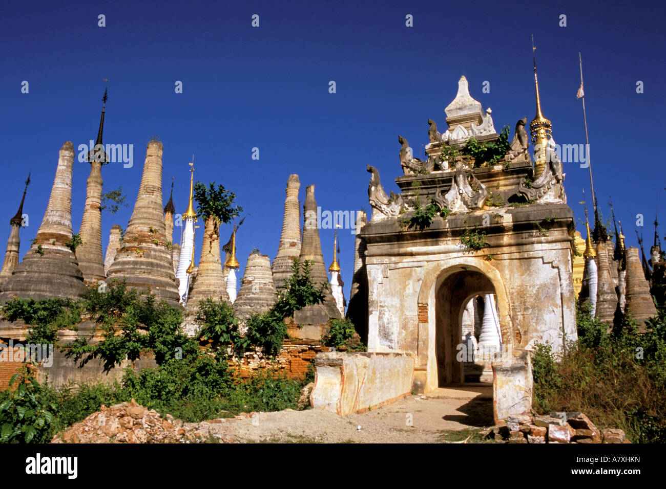 Asia, Myanmar, Shan State, Inle Lake, Indein, Shwe Inn Thein. Stupa ...