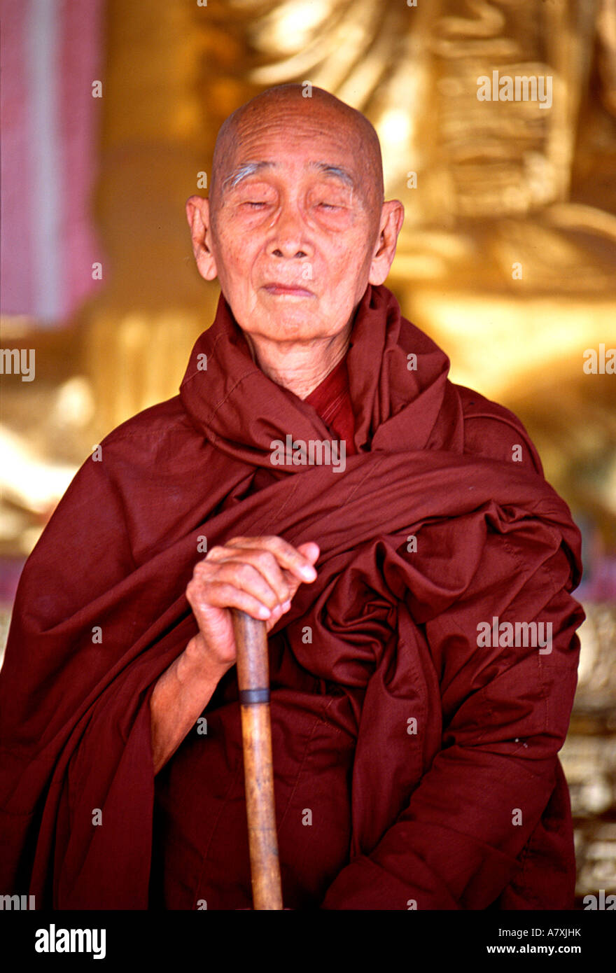 Asia, China, Yunnan Province. Old monk with staff at Buddhist Golden ...