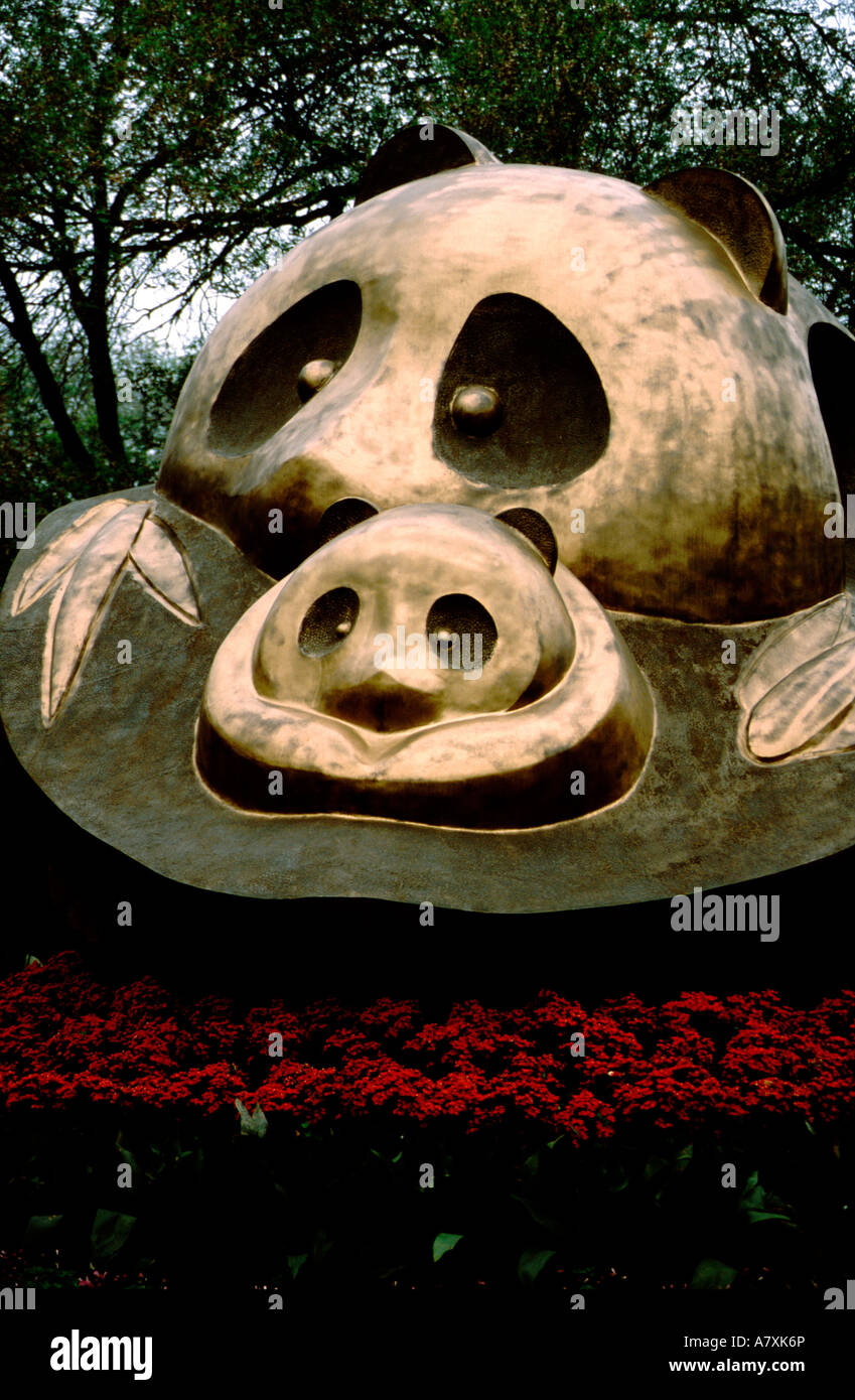 Asia, China, Chengdu, Giant Panda Sanctuary. Bronze panda statue ...