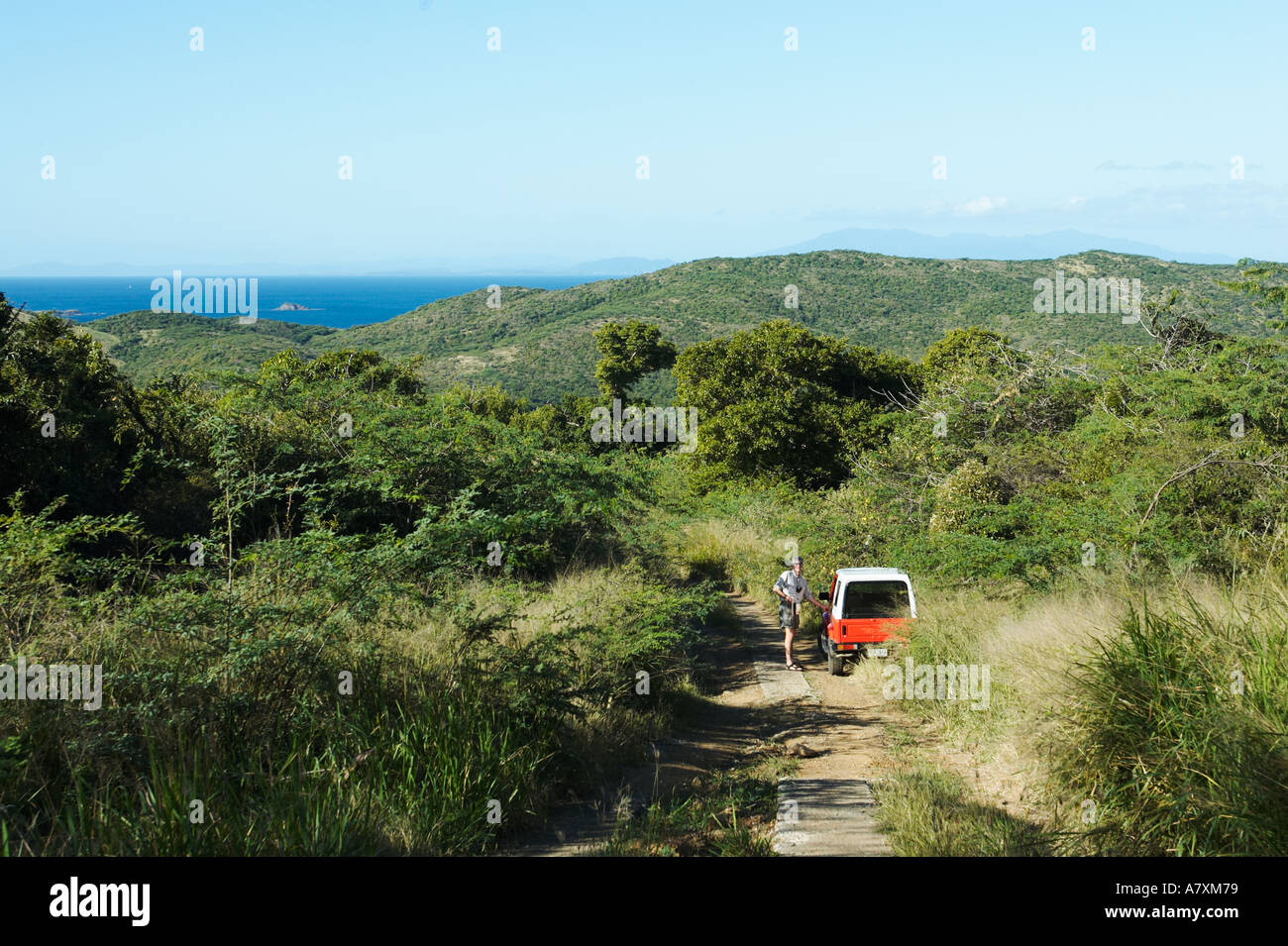 PUERTO RICO Culebra Small SUV on rough and narrow roads interior of ...