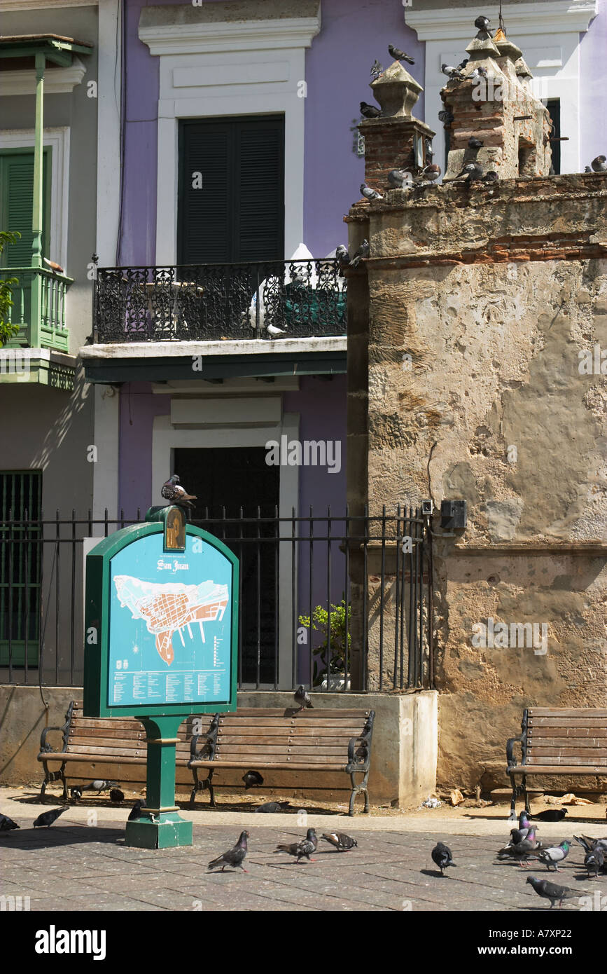 PUERTO RICO San Juan Pigeon Park atop city wall birds sit on sign Old ...