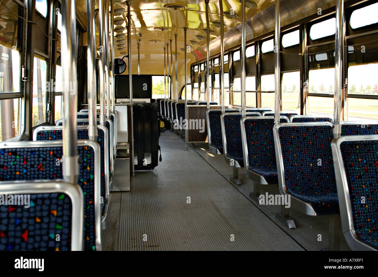 WISCONSIN Kenosha Restored streetcar interior rows of seats and aisle ...