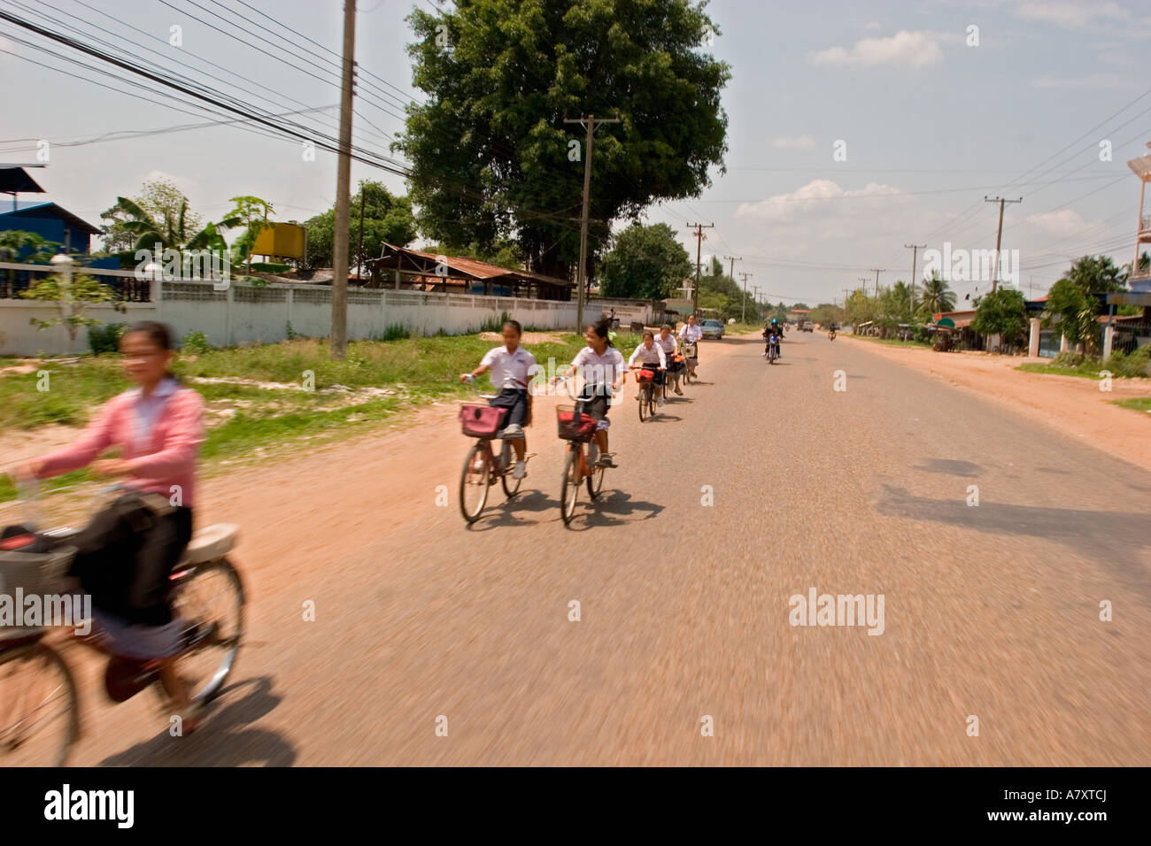 Laos, Vientiane, Students go to school using bicycle transportation ...