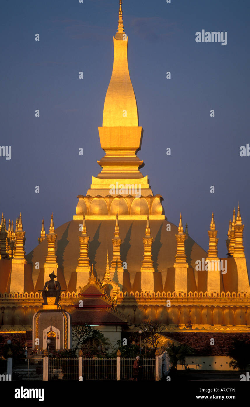 Asia, Laos, Vientiane, Setting sun lights Pha That Luang Temple on ...