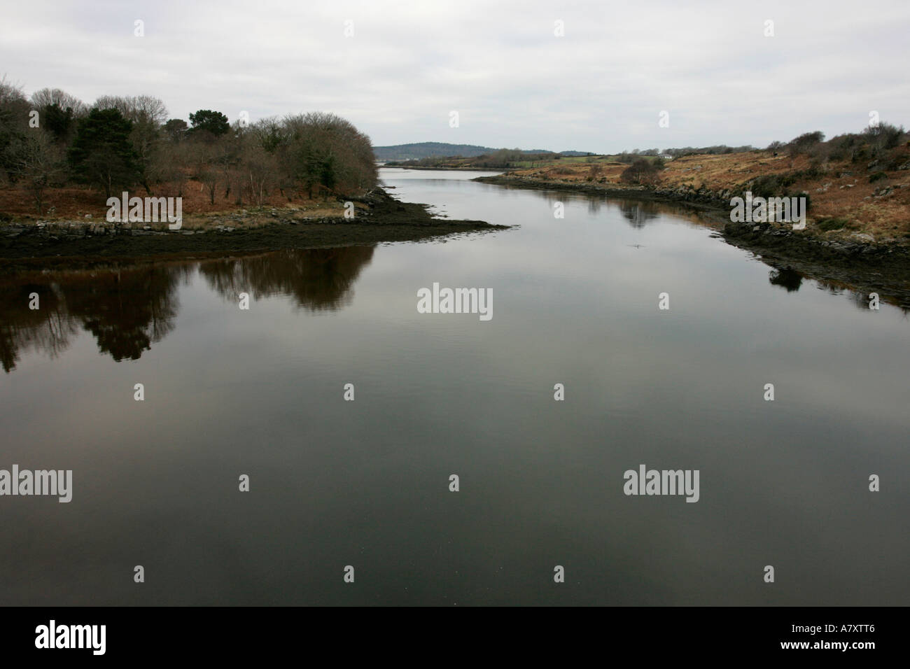 sky reflected in the water of a small tidal duntally river at duntally ...