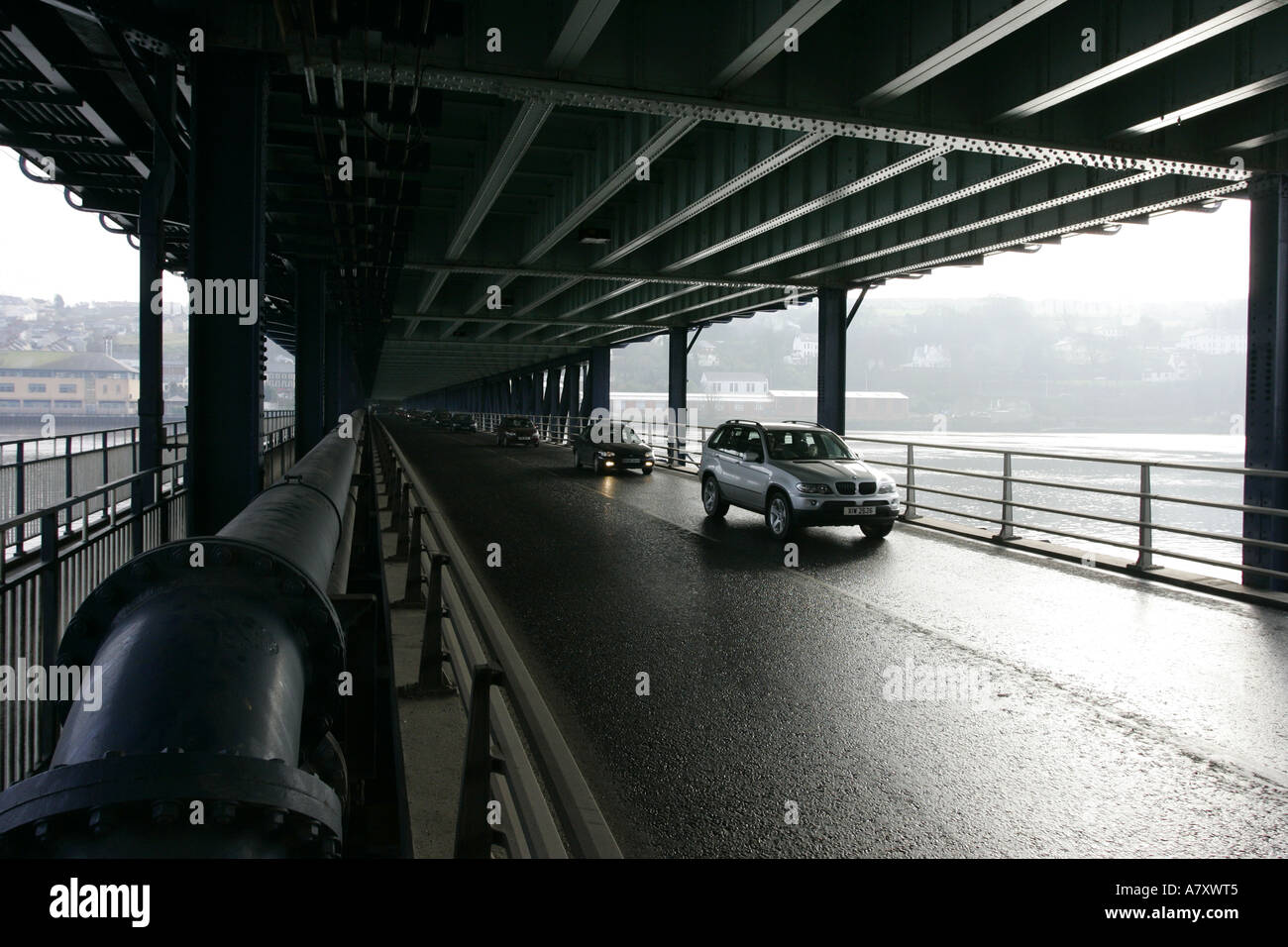 Cars on the lower deck of the Craigavon double deck road bridge under a ...
