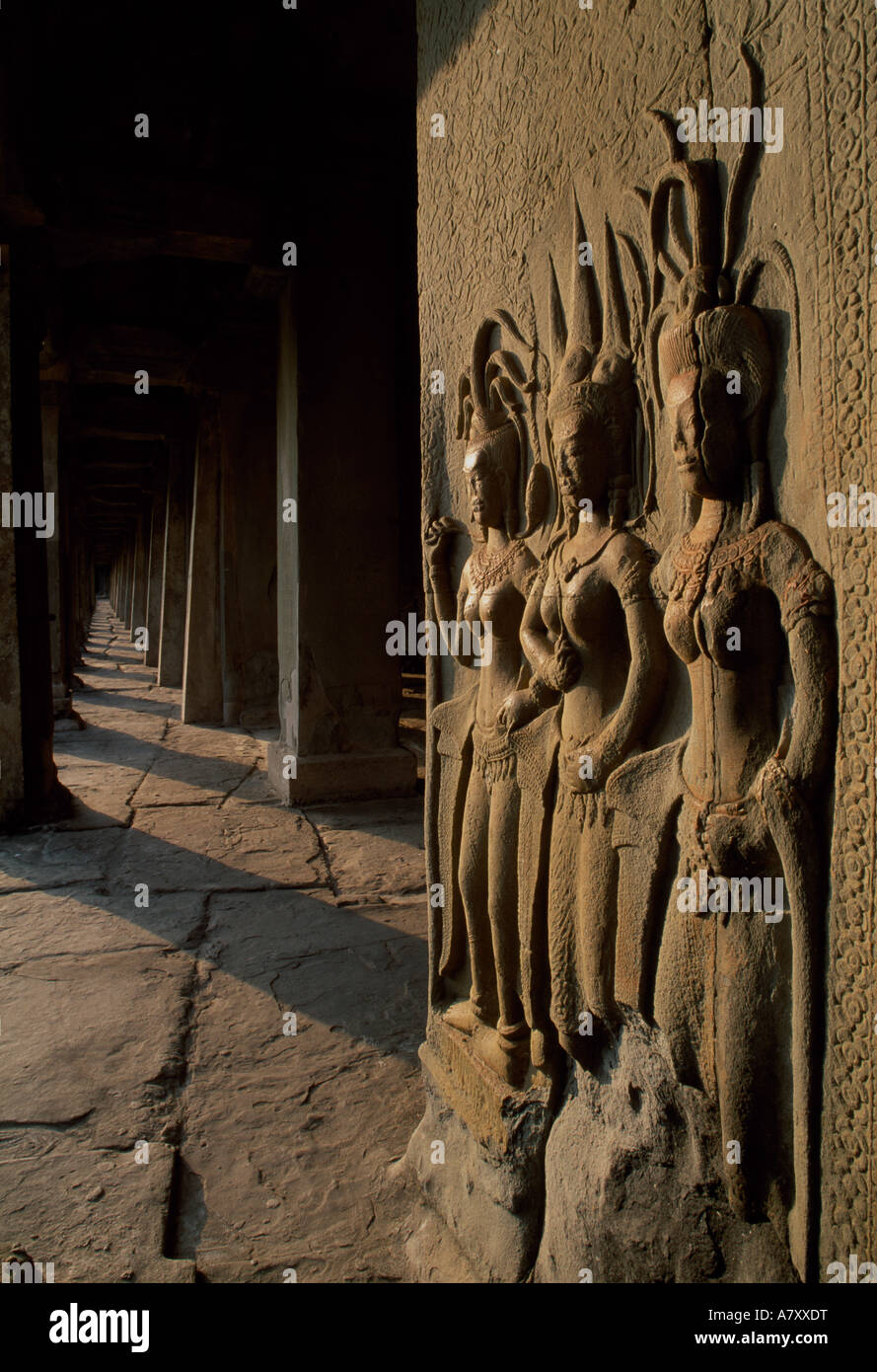 Cambodia, Angkor Wat, Bas relief of aspara (heavenly nymph) carvings in ...