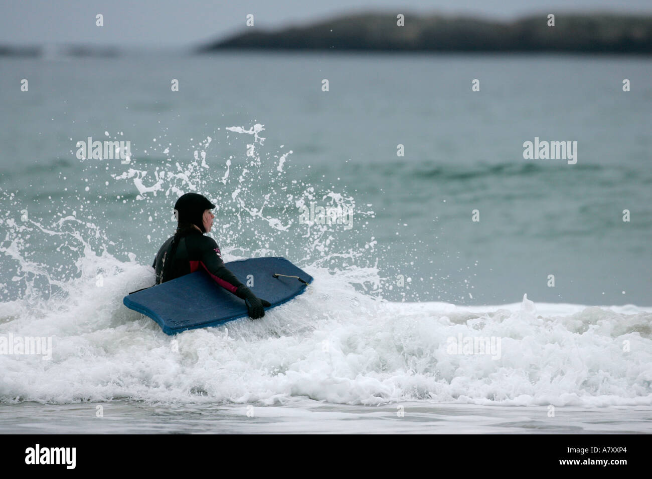 female bodyboarder in full wetsuit with board gets hit by wave in the ...
