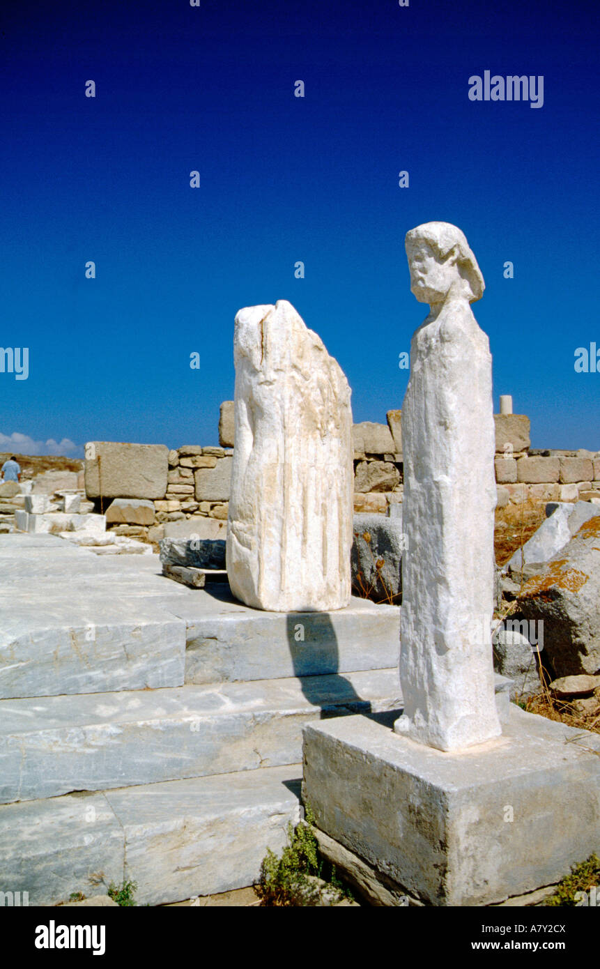 Greece, Aegean Sea, Delos. Marble statues along the Sacred Way Stock ...