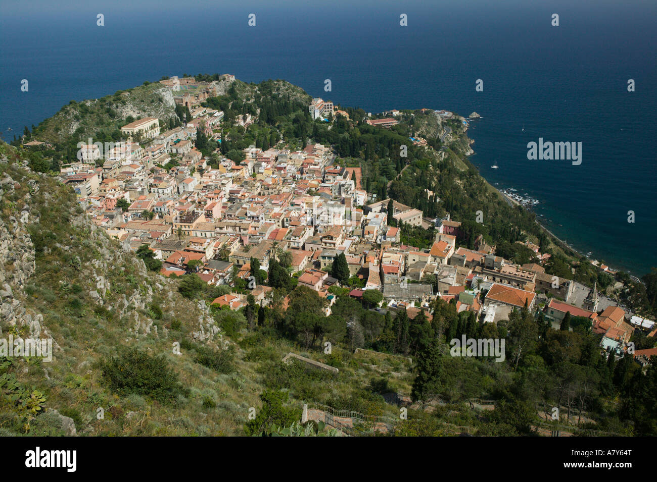 ITALY, Sicily, TAORMINA: Town View from Monte Tauro Stock Photo - Alamy