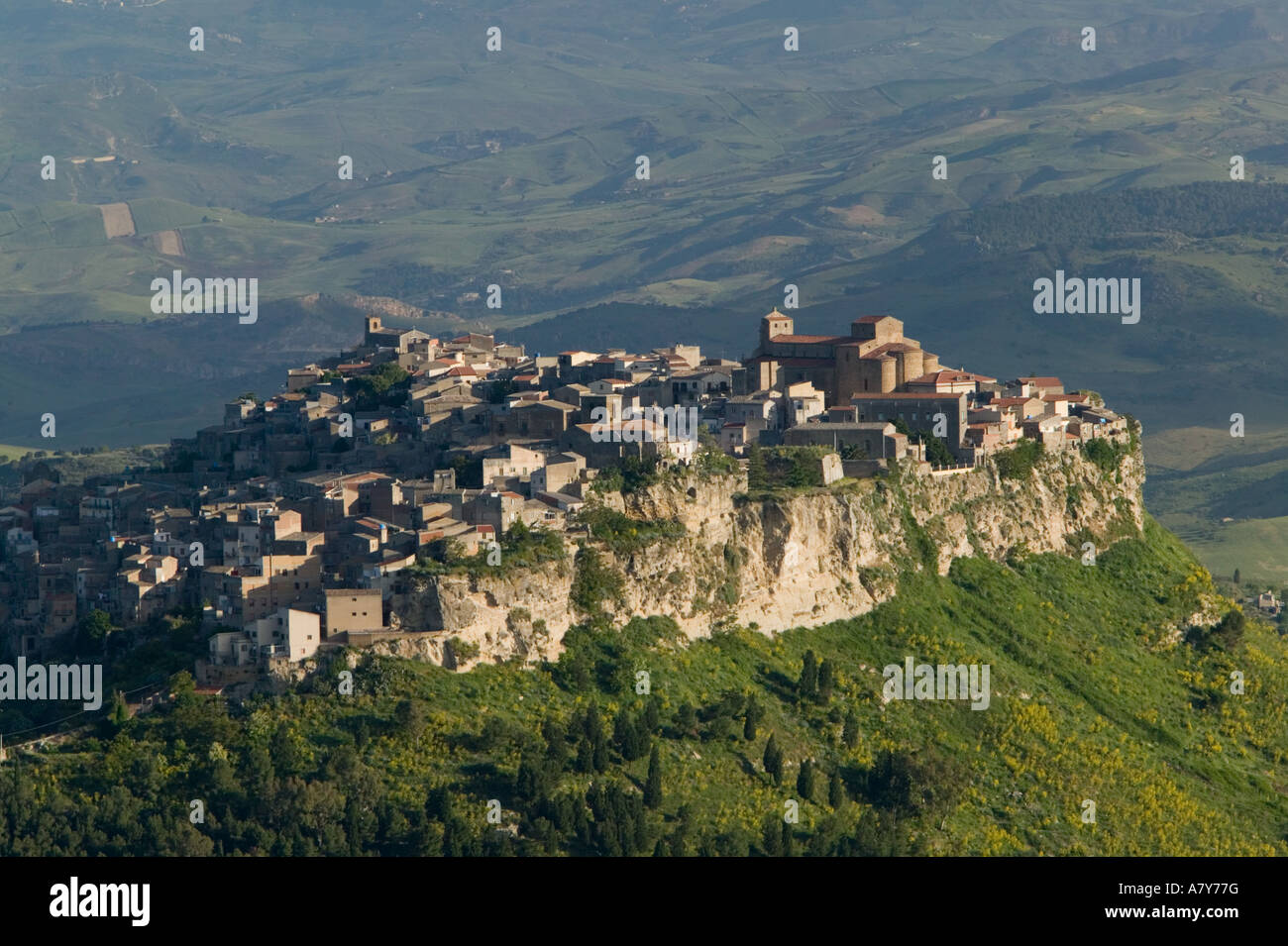 Italy, Sicily, Enna, Calascibetta, Morning View of Hill Town from ENNA ...