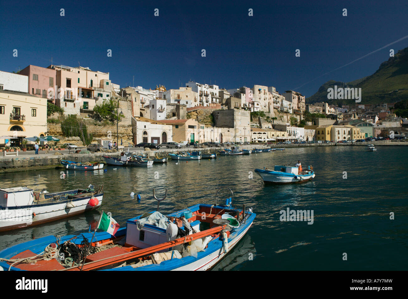 Italy, Sicily, Scopello, Castellamare del Golfo, Town View from Port ...