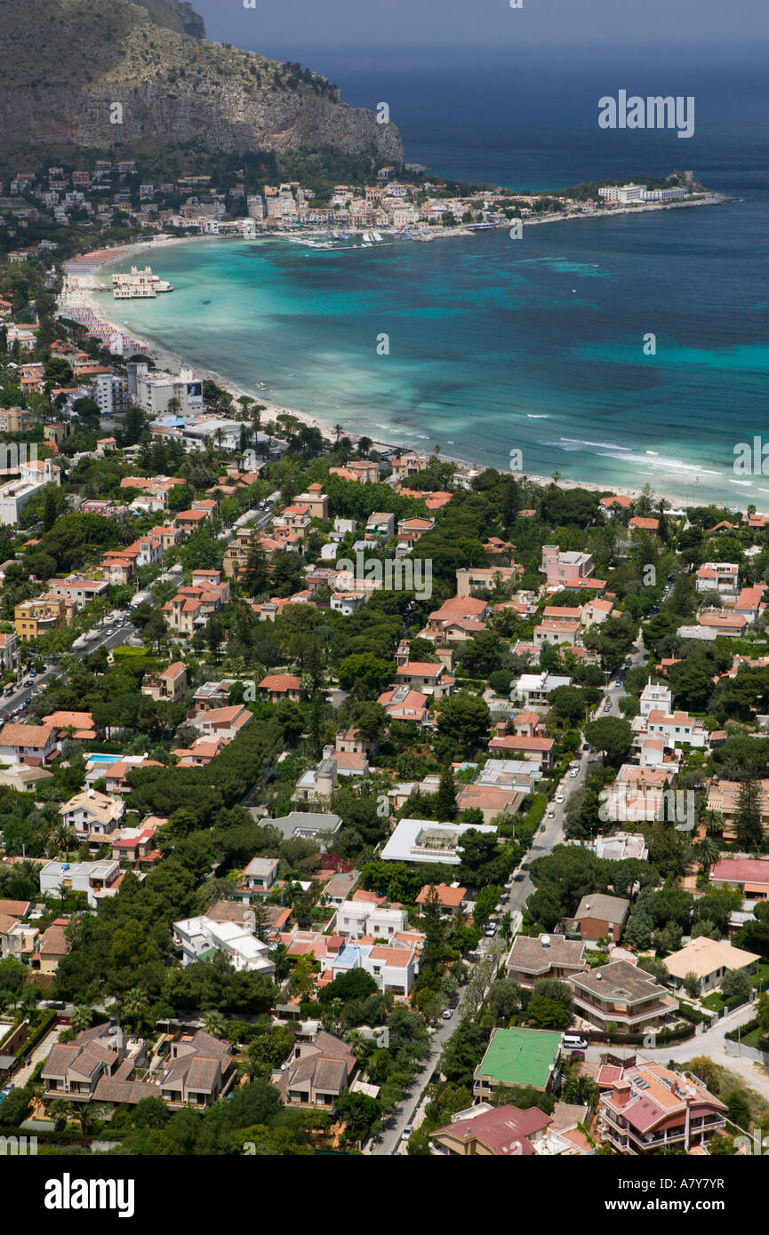 Italy, Sicily, Mondello, View of the beach from Monte Pellegrino Stock ...