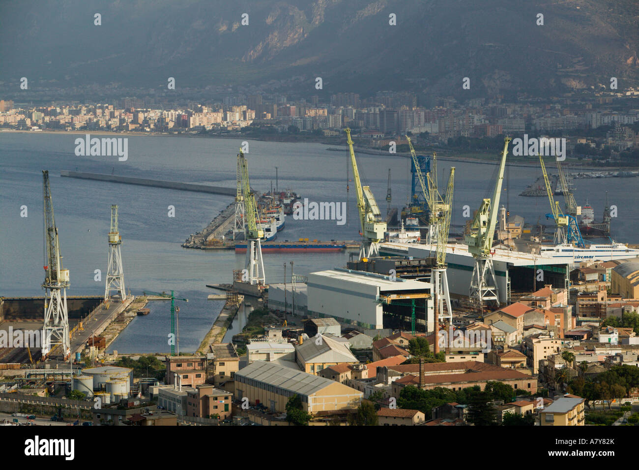 Italy, Sicily, Palermo, View of the Port of Palermo from Monte ...