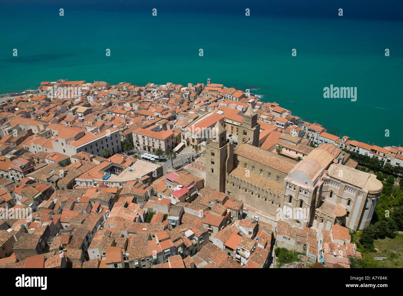 Italy, Sicily, Cefalu, Town with 13th century Duomo from La Rocca ...