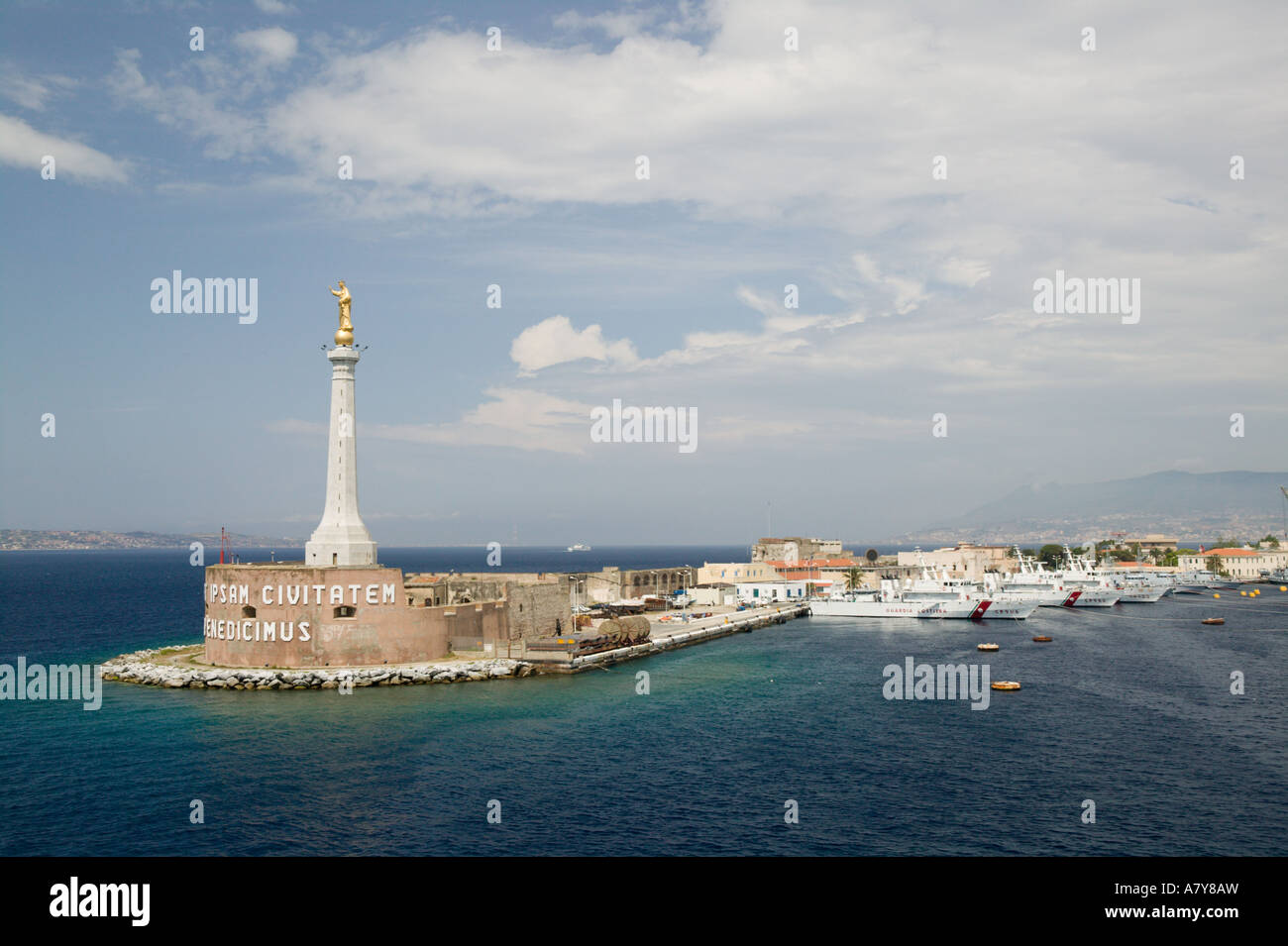 Italy, Sicily, Messina, Messina Harbor Marker, Strait of Messina Stock ...