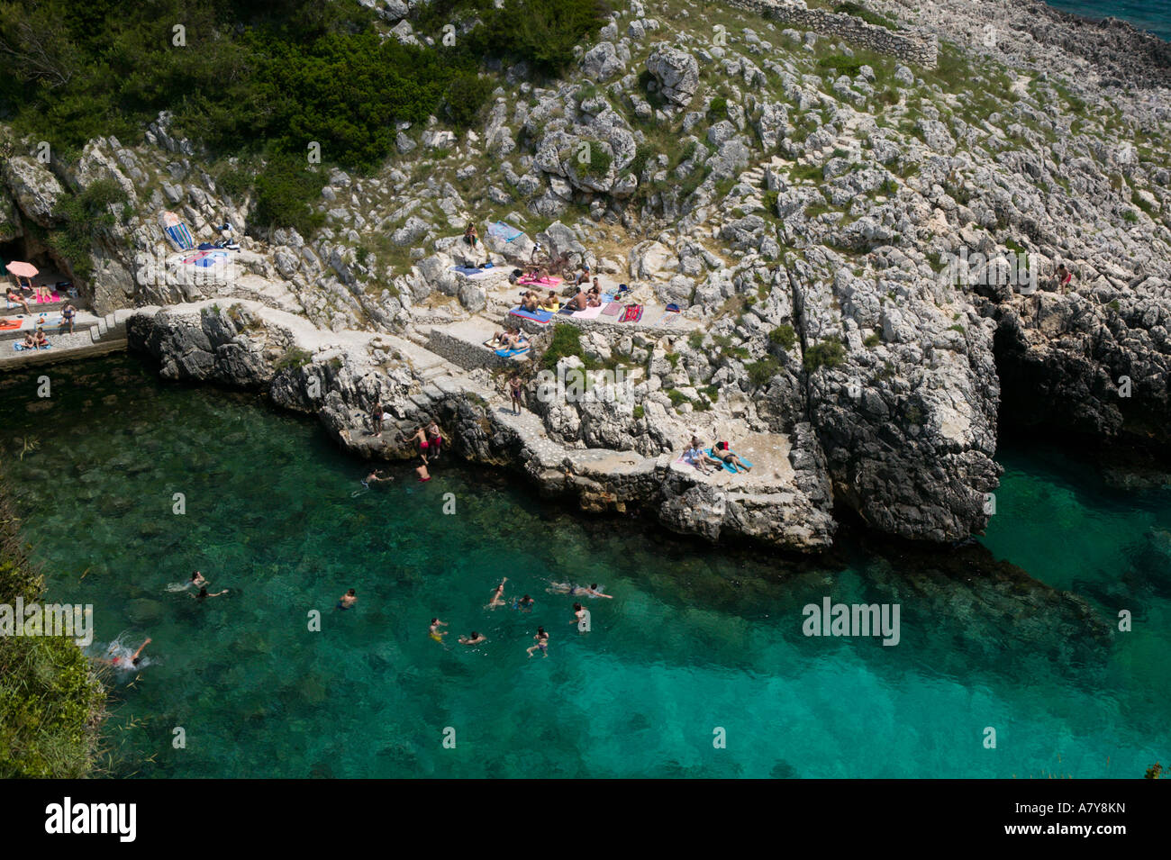 Italy, Puglia, Marina di Andrano, Swimming in Sheltered Cove Stock ...