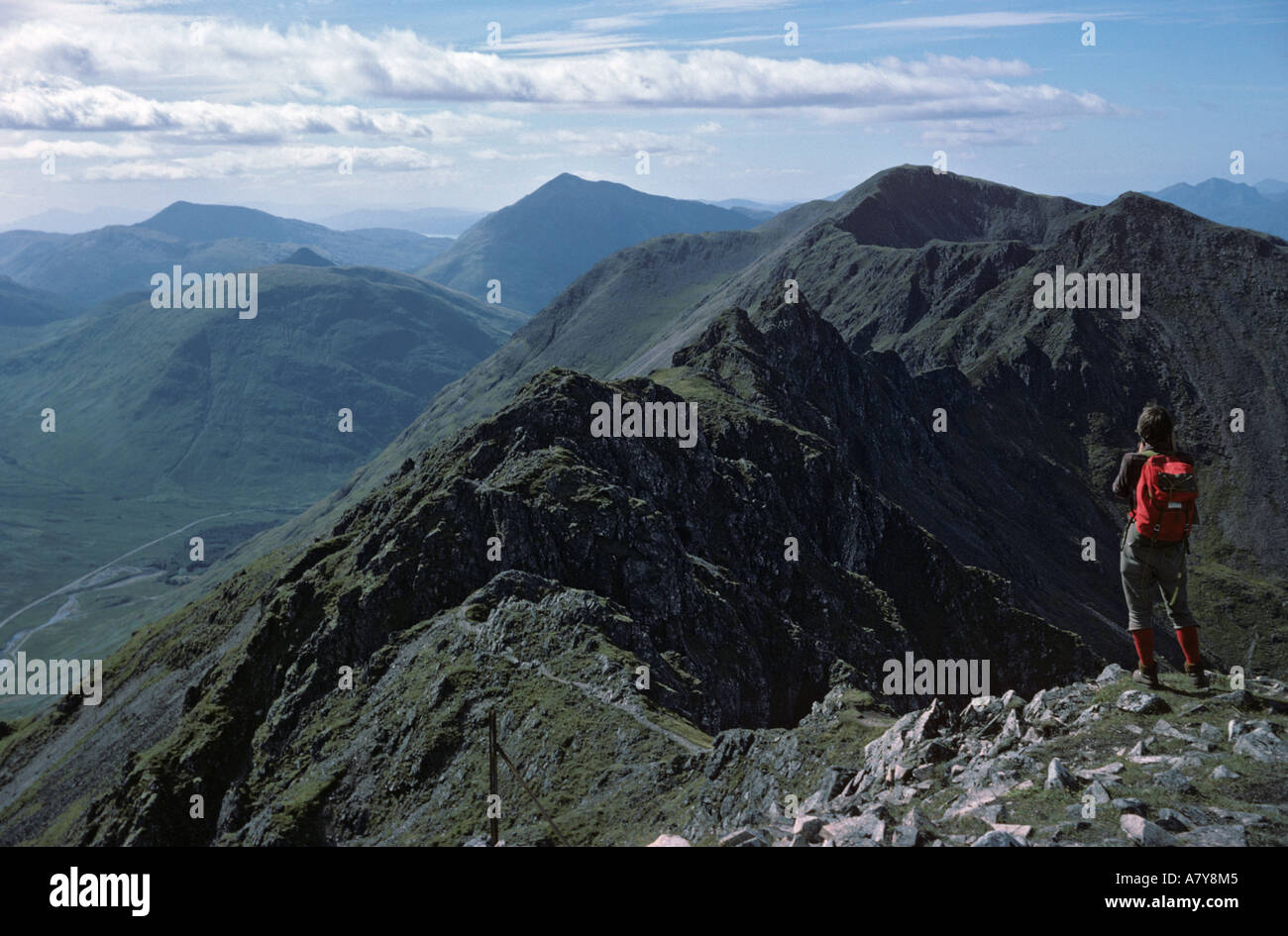 AONACH EAGACH RIDGE above Glen Coe with hiker walking on top and view ...