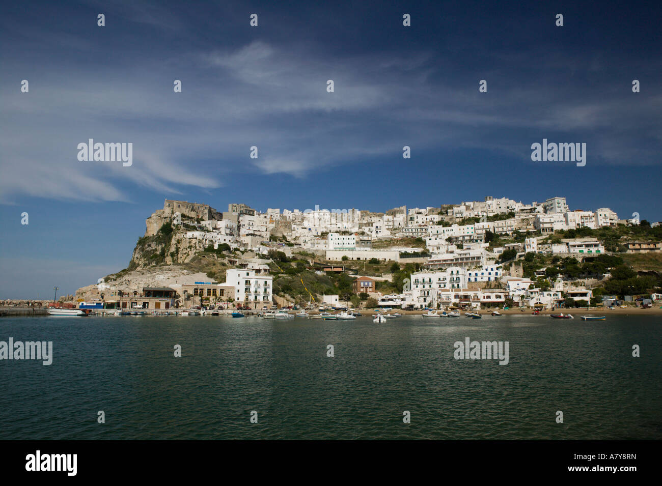 Italy, Puglia, Promontorio del Gargano, Peschici, Town View from Harbor ...