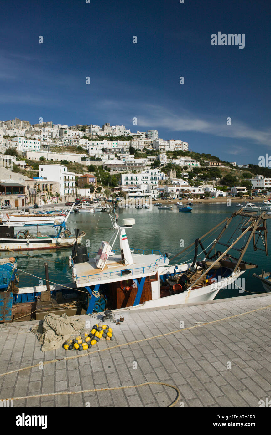 Italy, Puglia, Promontorio del Gargano, Peschici, Town View from Harbor ...