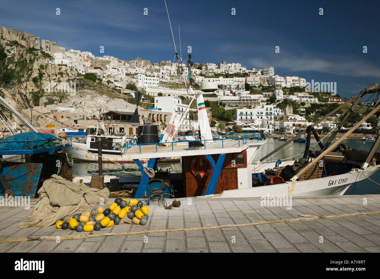 Italy, Puglia, Promontorio del Gargano, Peschici, Town View from Harbor ...