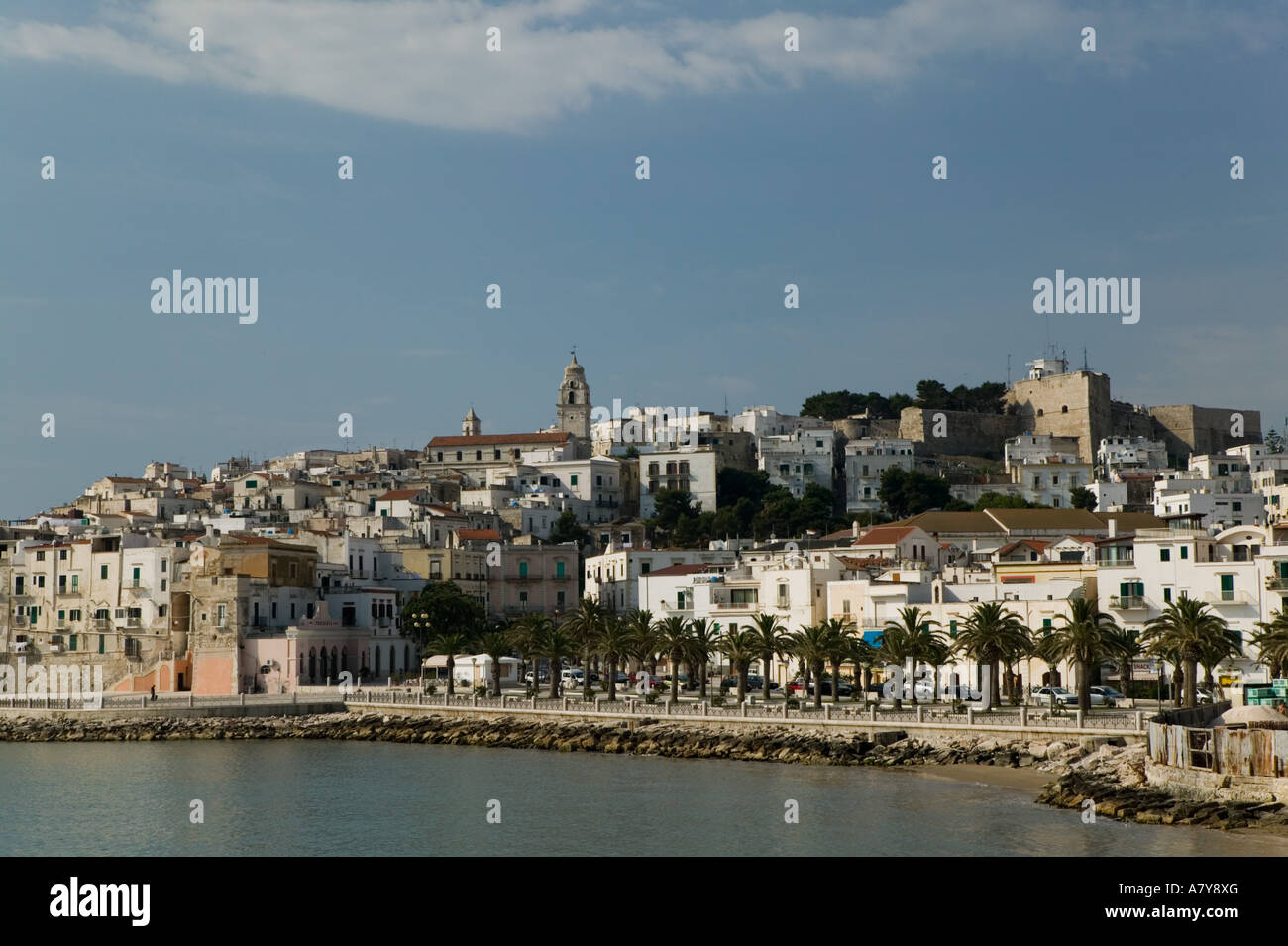 Italy, Puglia, Promontorio del Gargano, Vieste, Town View from Harbor ...