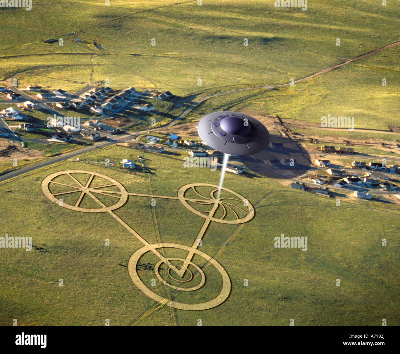Aerial view of UFO making a crop circle Stock Photo - Alamy