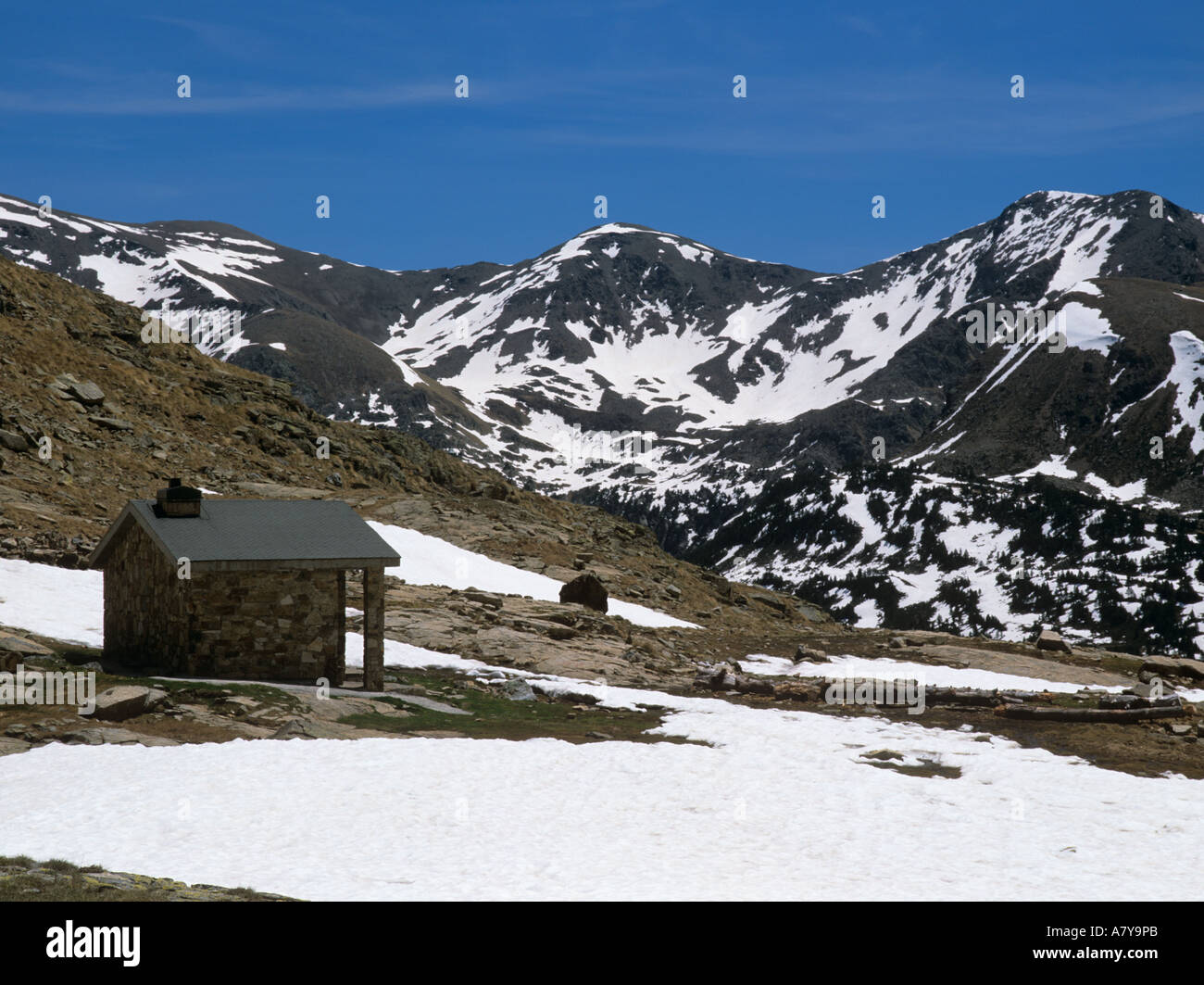 CABANA SORDA REFUGE HUT and view to Siscaro mountain in Pyrenees ...