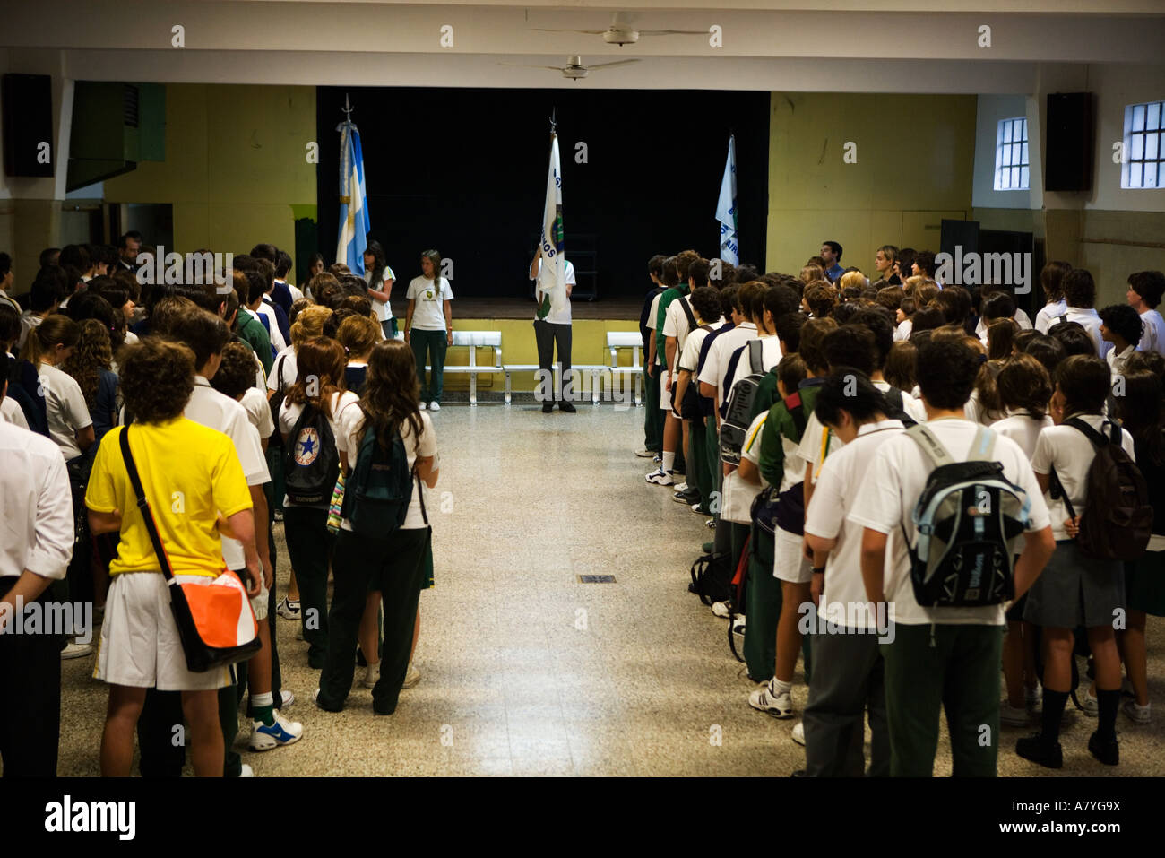 The assembly of all students in the gym for the first day of school in ...