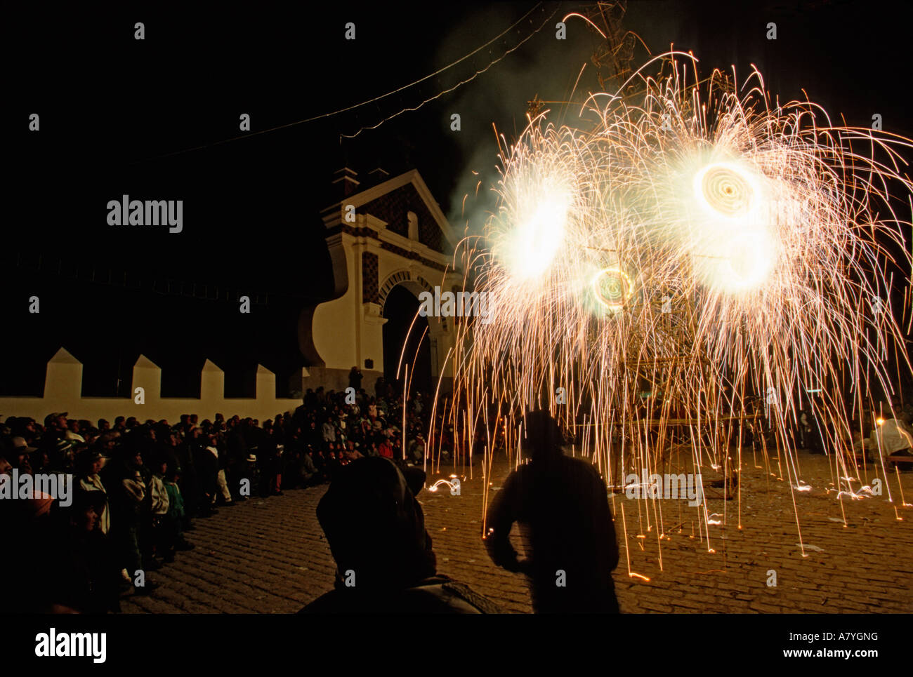 Bolivia, Andes, Tiwanaku, Copacabana, Fireworks in celebration of the ...