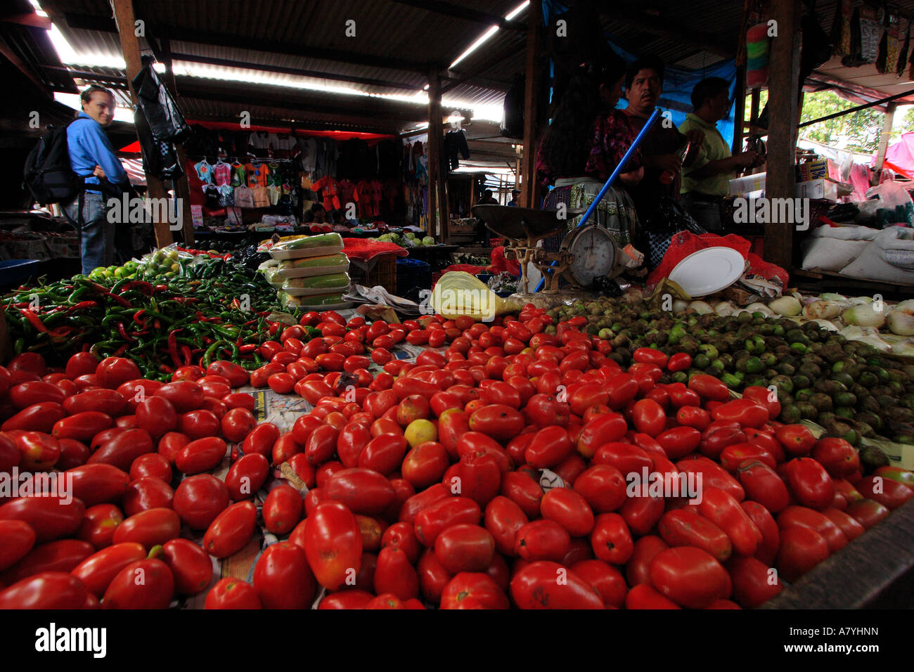Guatemala, Chichicastenango, folkloristic market, vegetable stand with ...