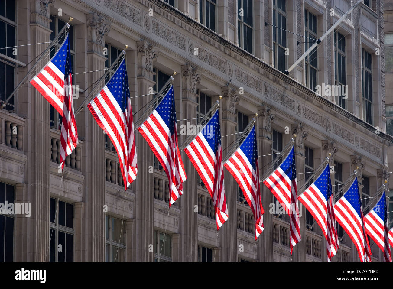 American flags on the side of building Fifth Avenue New York City USA ...