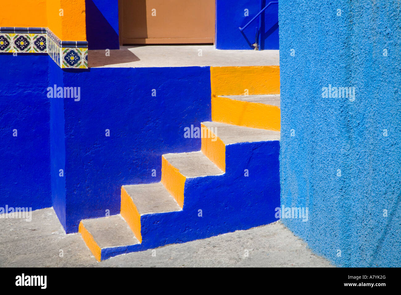 North America, Mexico, Guanajuato. Very colorful stairs and building ...