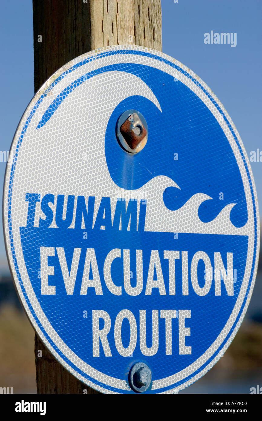 Tsunami evacuation route sign in Waldport on the Oregon coast Stock ...