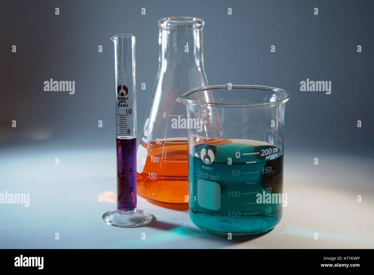 Colored solutions in laboratory glassware Stock Photo - Alamy