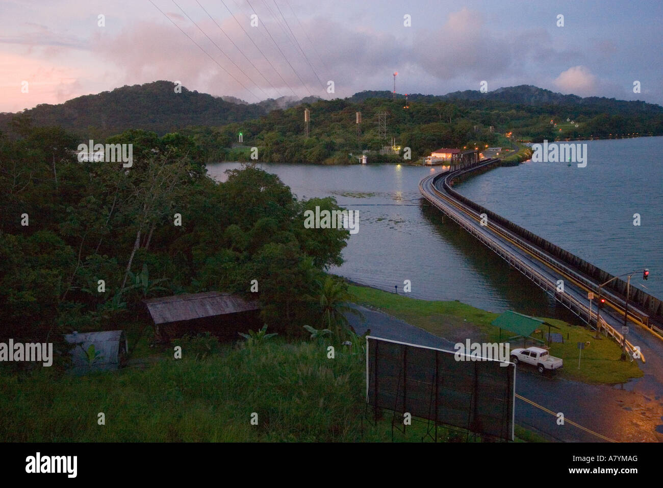 Panama, Panama Canal, mouth of Chagres river into Panama Canal. bridge ...