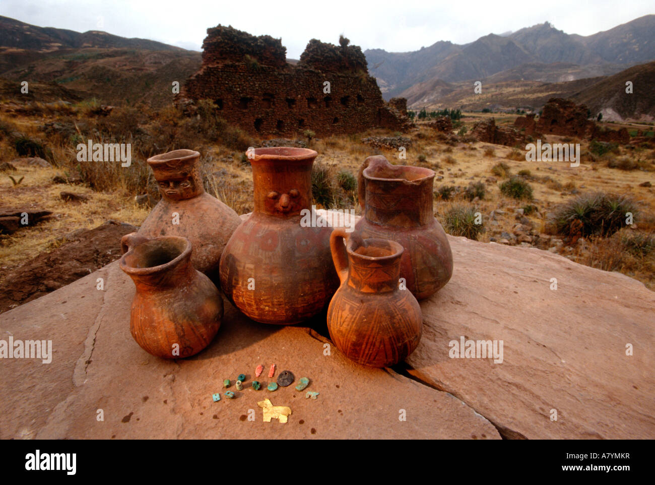Wari Face neck jars and painted vessels, precious stones, and gold ...