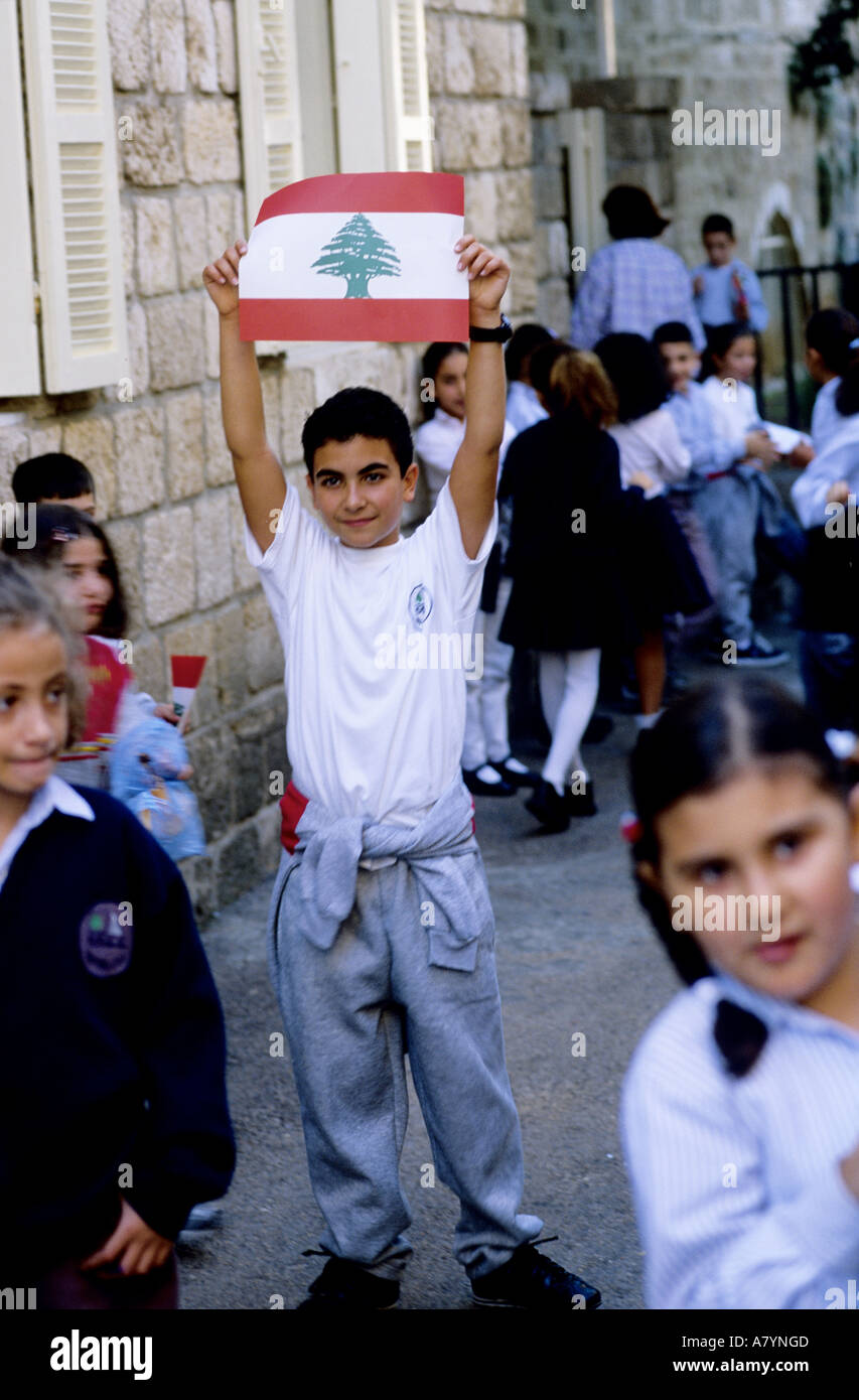 Lebanon, Byblos (Jbeil), children waving the Lebanese flag (cedar of ...
