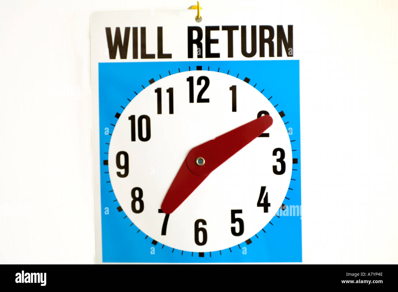 Will Return clock sign on door Stock Photo - Alamy