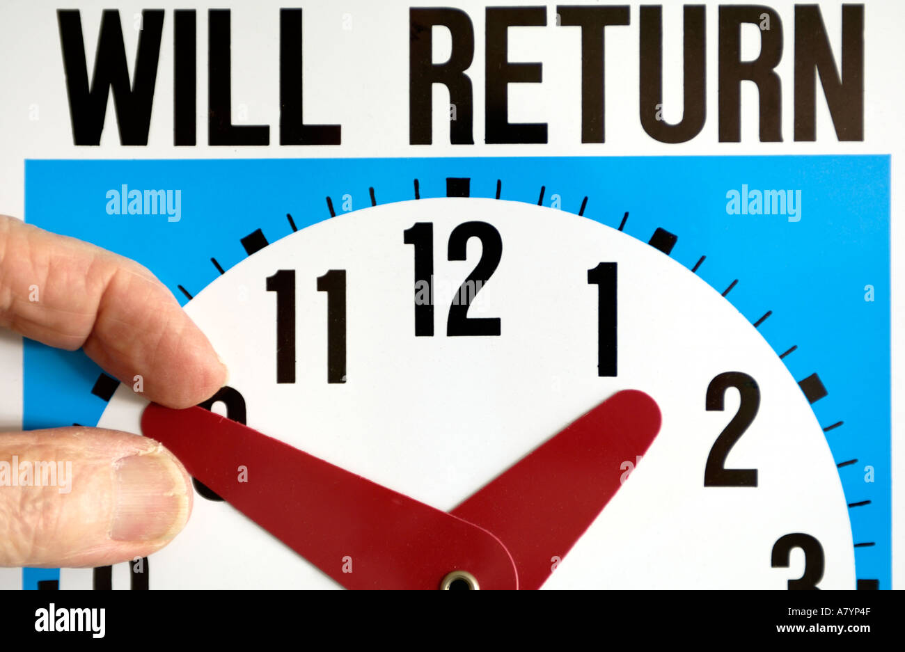 Will Return clock sign on door Stock Photo - Alamy