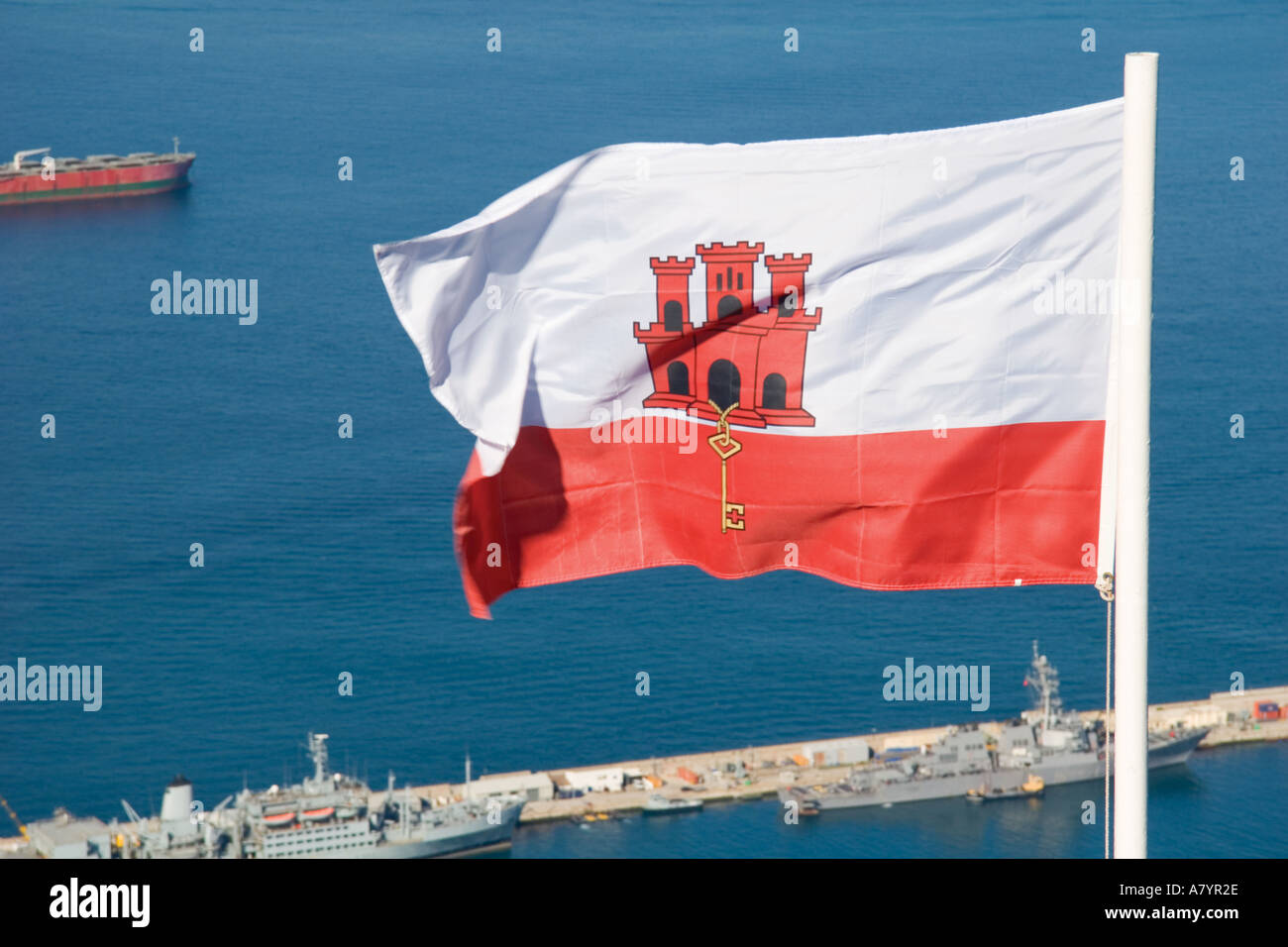 Gibraltar Gibraltarian flag showing castle and key Stock Photo - Alamy