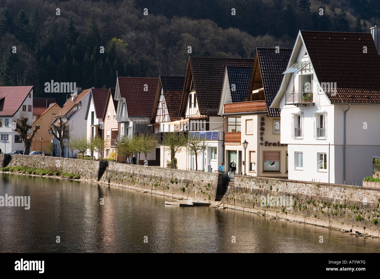 Houses on the banks of the River Kinzig Wolfach Black Forest Germany ...