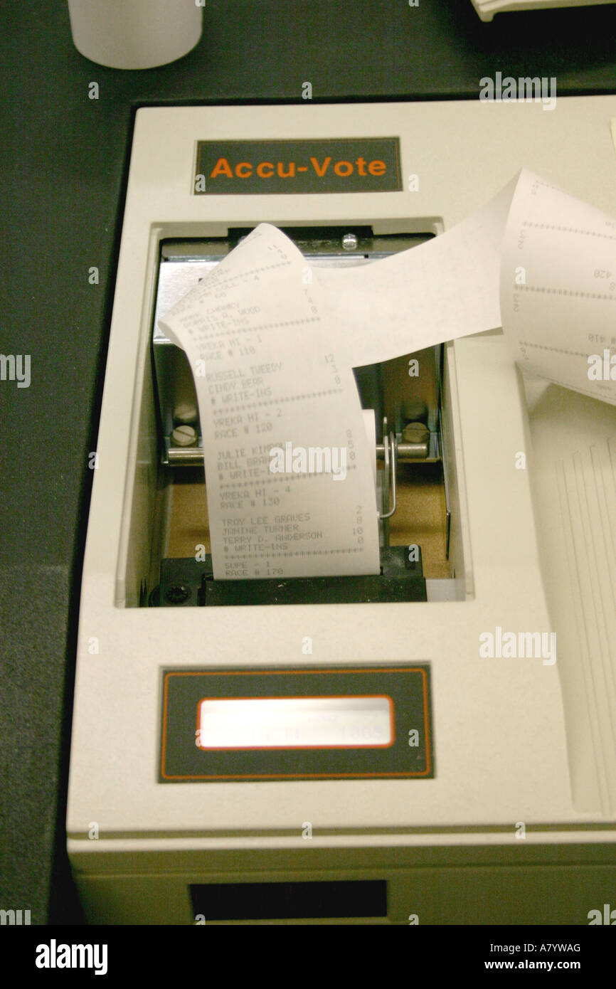 USA, California, Yreka, Print out tape on automated Accu-vote machine ...