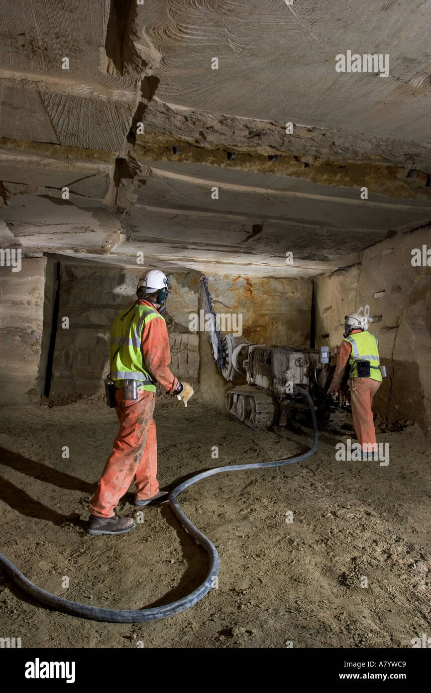 Engineers starting to cut limestone rock face for extracting blocks of ...