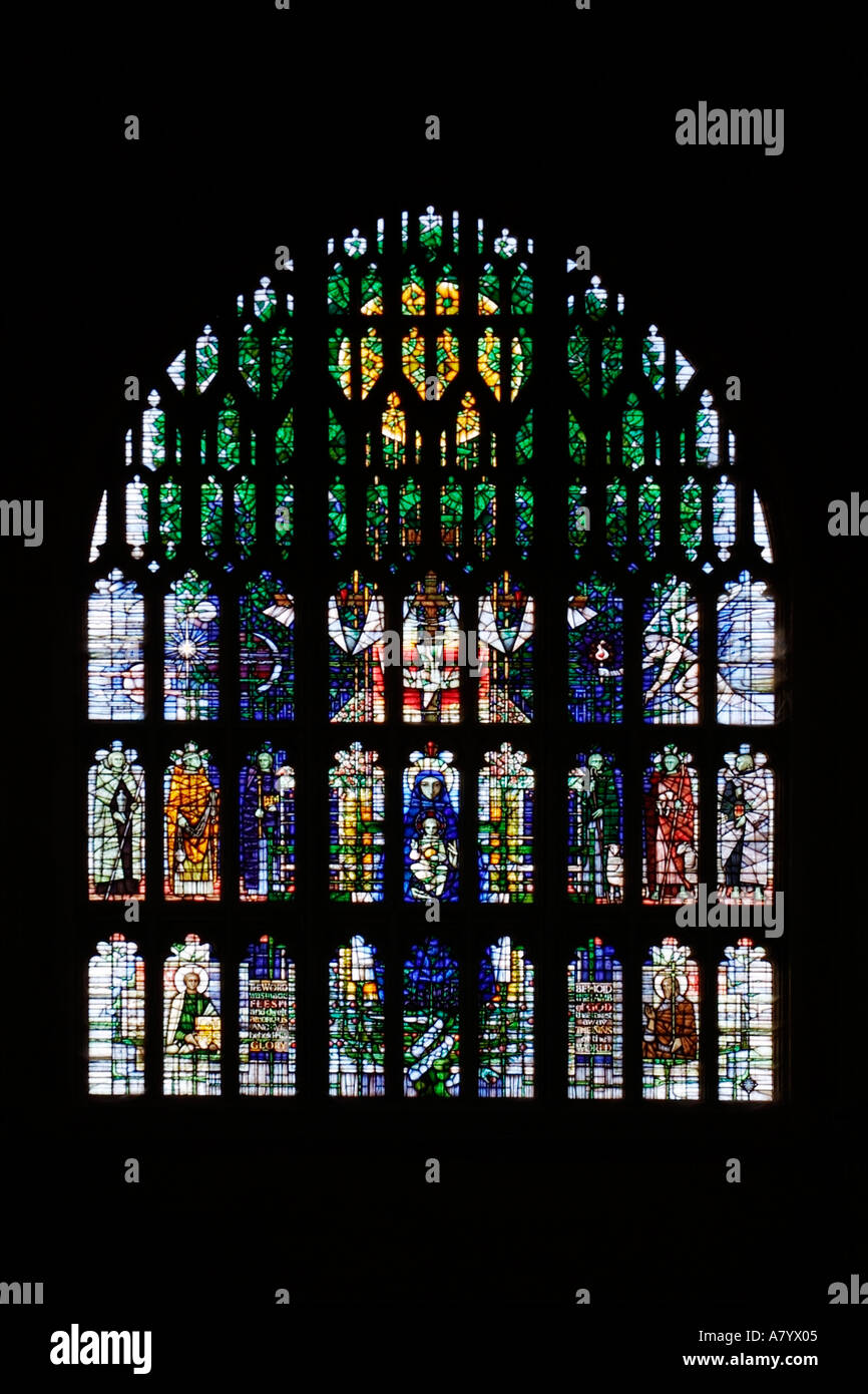 Sherborne Abbey in Dorset England showing the stained glass of the West ...