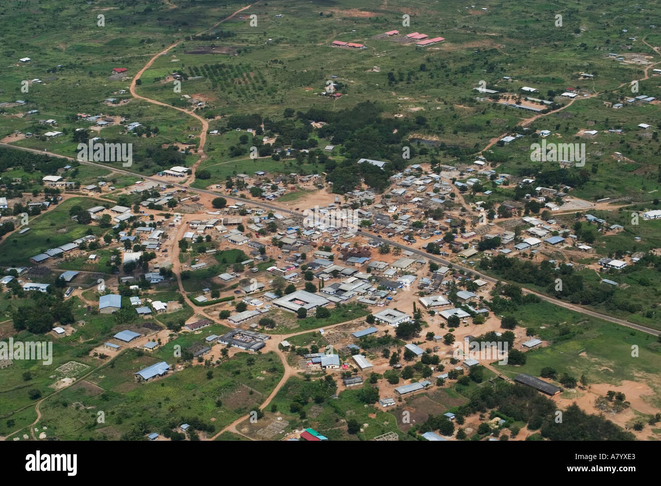 Aerial view of well to do small rural town near capital Accra in Ghana ...