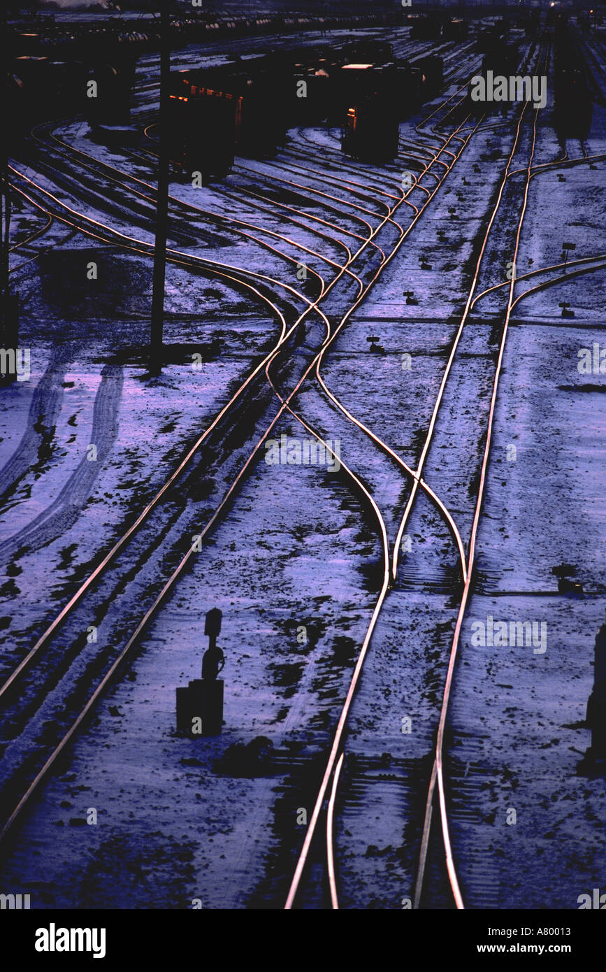 Rail yard tracks glow in sunset afterglow in rail yard at Laurel ...